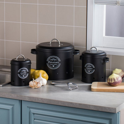 Food Storage Tin Set of 3 Black Kitchen Storage Tin Storage Bin with ...