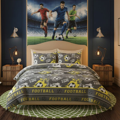 Football Kids Bedding Set Sporty Soccer Design for Boys and Girls Grey