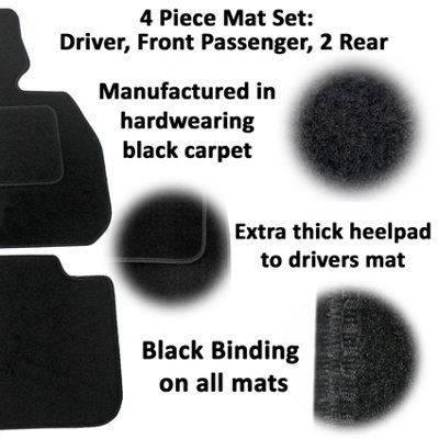 For Kia Rio Tailored Carpet Car Floor Mats 2011 to 2017 4pc Set Black