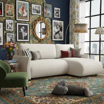 FOREST D Modern Cream Corner Sofa Bed DL Folding Mechanism with Bedding ...