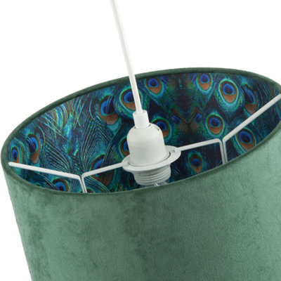 Forest Green Velvet Lamp Shade with Colourful Peacock Feather Inner