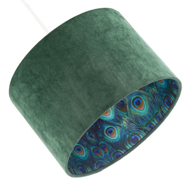FOREST GREEN VELVET LAMP SHADE WITH COLOURFUL PEACOCK FEATHER INNER