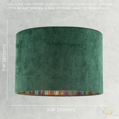 Forest Green Velvet Lamp Shade with Colourful Peacock Feather Inner