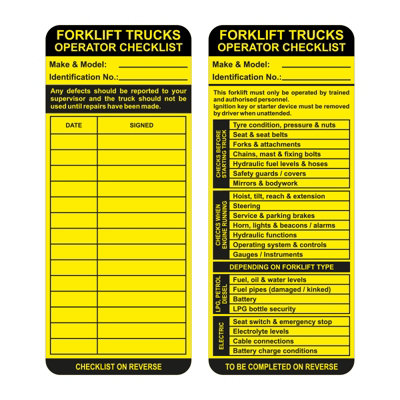 Forklift Truck Tag Inserts - Safety Inspection Tags for Daily Checks ...