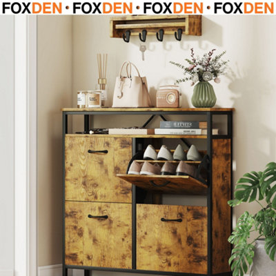 FOXDEN Brown Shoe Storage Cabinet Flip Drawers Open Shelf Industrial ...