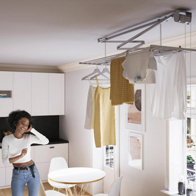 Foxydry Mini 128 cm Grey, Retractable Ceiling Clothes Airer with 9.6m ...