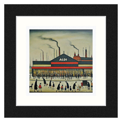 Framed and Mounted Aldi Print. In the Lowry Style. 31.5cm Square Black ...