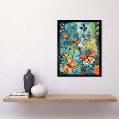 Framed Wall Art Butterfly Insects in Flower Field Modern Folk - 12X16 inch