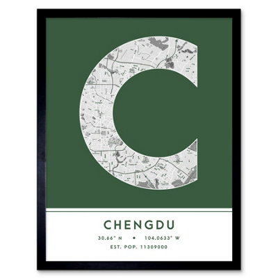 Framed Wall Art Chengdu China City Map Modern Typography Stylish Letter ...