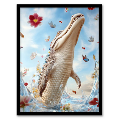 Framed Wall Art Crocodile Flowers Butterflies Surreal Beauty Shot Print ...