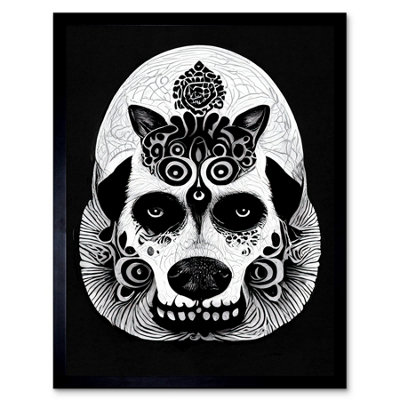 Framed Wall Art Day Of The Dead Dog Head Doodle Pattern Drawing Skull ...