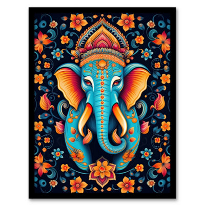 Framed Wall Art Decorated Indian Elephant with Flower Pattern Vibrant ...