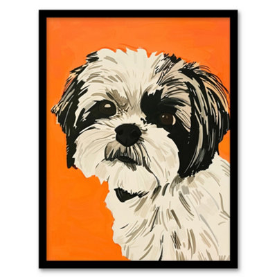 Framed Wall Art Dog Lover Cute Shih Tzu Vibrant Orange Portrait - 12X16 ...