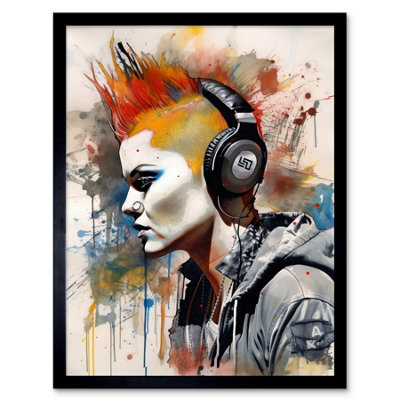 Framed Wall Art Edgy Young Punk Woman with Red Mohawk and Headphones ...