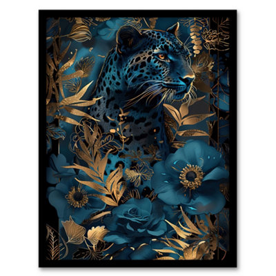 Framed Wall Art Elegant Cheetah With Blue Gold Jungle Flowers Print ...