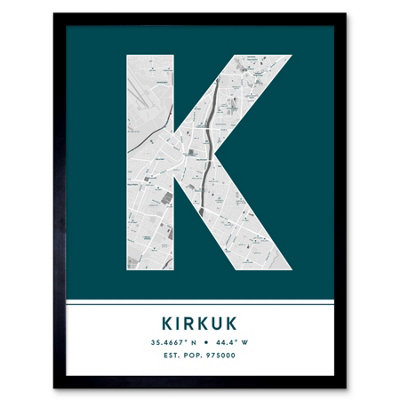Framed Wall Art Kirkuk Iraq City Map Modern Typography Stylish Letter ...