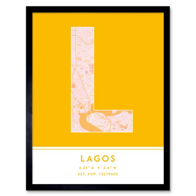 Framed Wall Art Lagos Nigeria City Map Modern Typography Stylish Letter ...