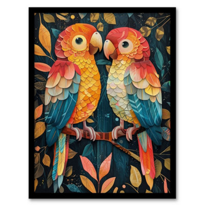 Framed Wall Art Macaw Parrots Bird Couple Jungle Love Poster - 12X16 inch