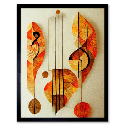 FRAMED WALL ART MODERN ABSTRACT MUSICAL SYMBOL CLEF AND STAFF IN WARM ...