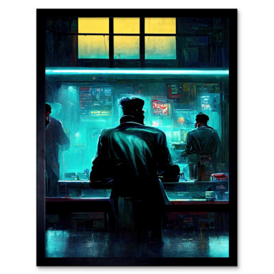 Framed Wall Art Nighthawks Style Futuristic Cyber Noir Bar - 12X16 inch