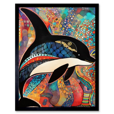 Framed Wall Art Orca With Decorative Motifs Folk - 12X16 inch