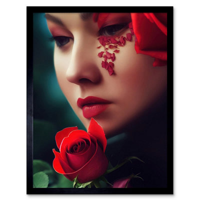 Framed Wall Art Portrait Of Melancholic Woman With Red Roses Painting ...