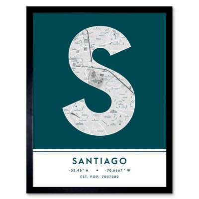 Framed Wall Art Santiago Chile City Map Modern Typography Stylish ...