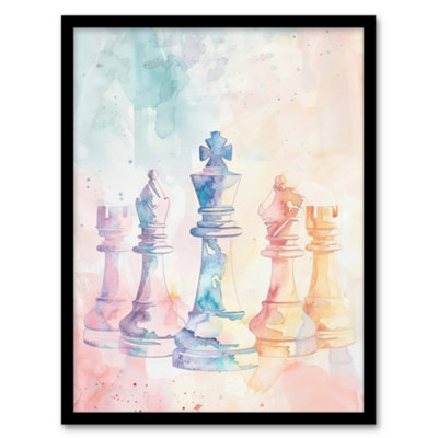 Framed Wall Art Stylised Chess Pieces Light Pastel Watercolour Print ...