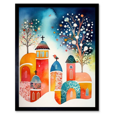 Framed Wall Art Winter Churchyard Snowfall Trees Folk - 12X16 inch