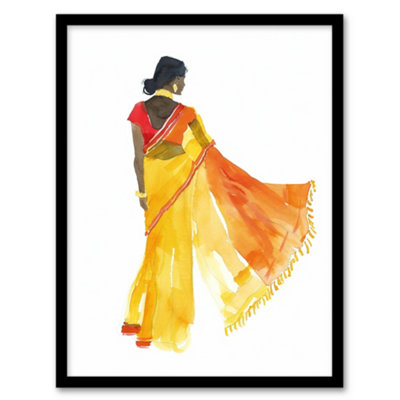 Framed Wall Art Woman in Orange Yellow Saree Hindu Skirt Print - 12X16 inch