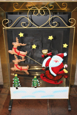 Free Standing Father Christmas and Reindeer Metal Fire Guard