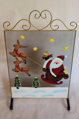 Free Standing Father Christmas and Reindeer Metal Fire Guard