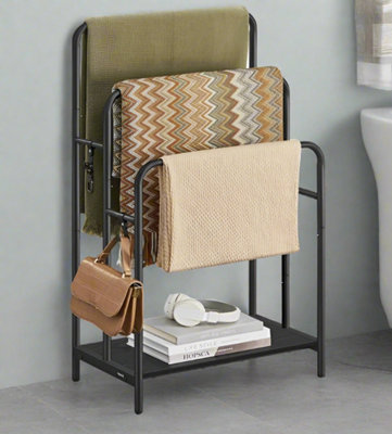 Freestanding 3-Bar Towel Rack with Hooks & Storage Shelf, Ink Black ...