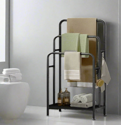 Freestanding 3-Bar Towel Rack with Hooks & Storage Shelf, Ink Black ...