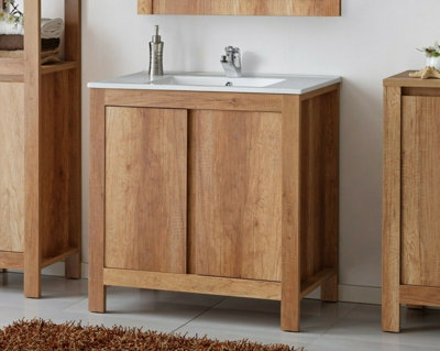 FREESTANDING BATHROOM VANITY UNIT 800MM FLOOR SINK CABINET CUPBOARD OAK ...