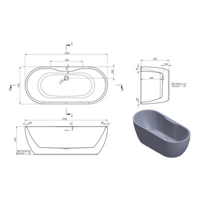 Freestanding Double End Bath 1650x745x580mm Gloss White Acrylic, 220L ...