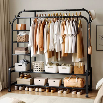 Freestanding Metal Clothes Rail with Wheels Bottom Rack and Side Hooks ...