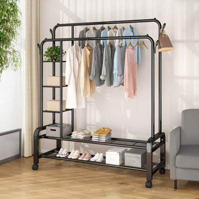 Freestanding Metal Clothes Rail with Wheels Bottom Rack and Side Hooks ...