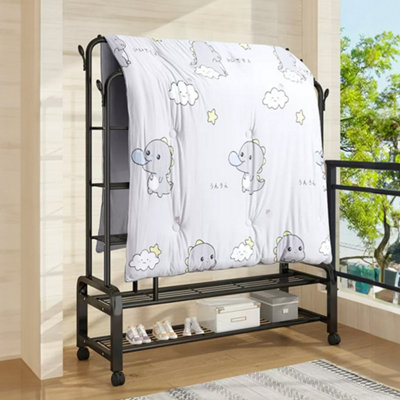 Freestanding Metal Clothes Rail with Wheels Bottom Rack and Side Hooks ...