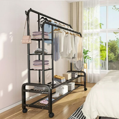 Freestanding Metal Clothes Rail with Wheels Bottom Rack and Side Hooks ...
