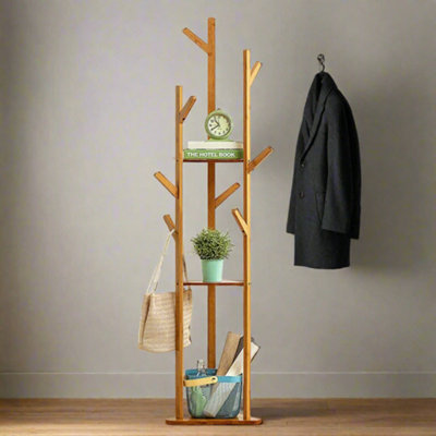 FREESTANDING WOODEN HANGER STAND WITH 10 HOOKS FOR COATS