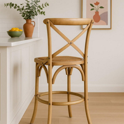 French Cross-Back Stool Rattan Counter 66cm Seat Height Light Oak X Frame