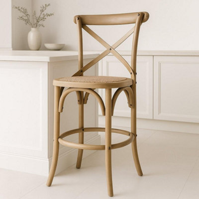 French Cross-Back Stool Rattan Counter 66cm Seat Height Light Oak X Frame