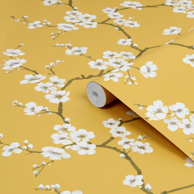 Fresco Apple Blossom Floral Ochre Wallpaper