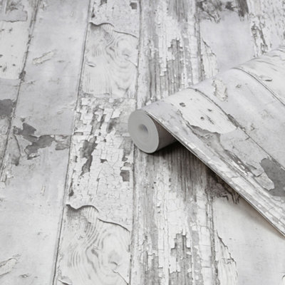 Fresco Distressed Wood Panel Grey Wallpaper