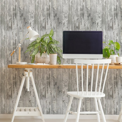 Fresco Distressed Wood Panel Grey Wallpaper
