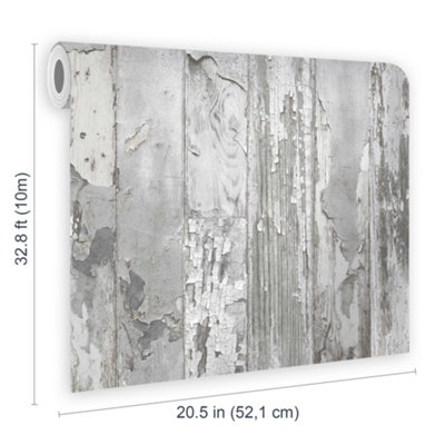 Fresco Distressed Wood Panel Grey Wallpaper