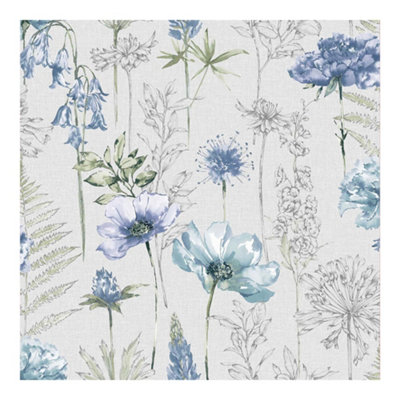 Fresco Floral Sketch Blue Wallpaper