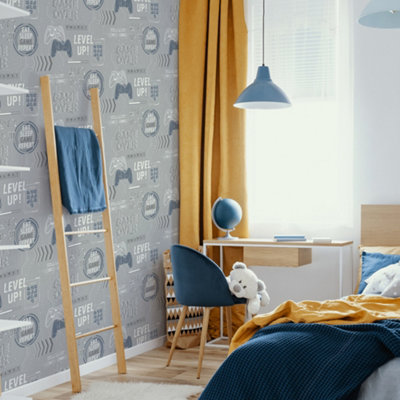 Fresco Game Over Grey & Navy Wallpaper | DIY at B&Q