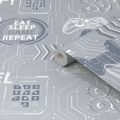 Fresco Game Over Grey & Navy Wallpaper
